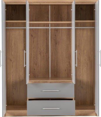 Seville 4 Door 2 Drawer Wardrobe Grey Gloss Beech