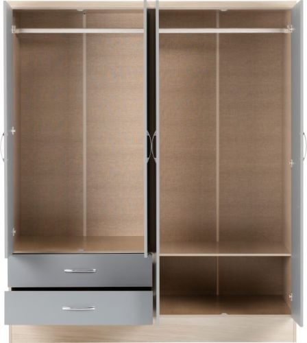 Nevada 4 Door 2 Drawer Wardrobe Grey Gloss Light Oak